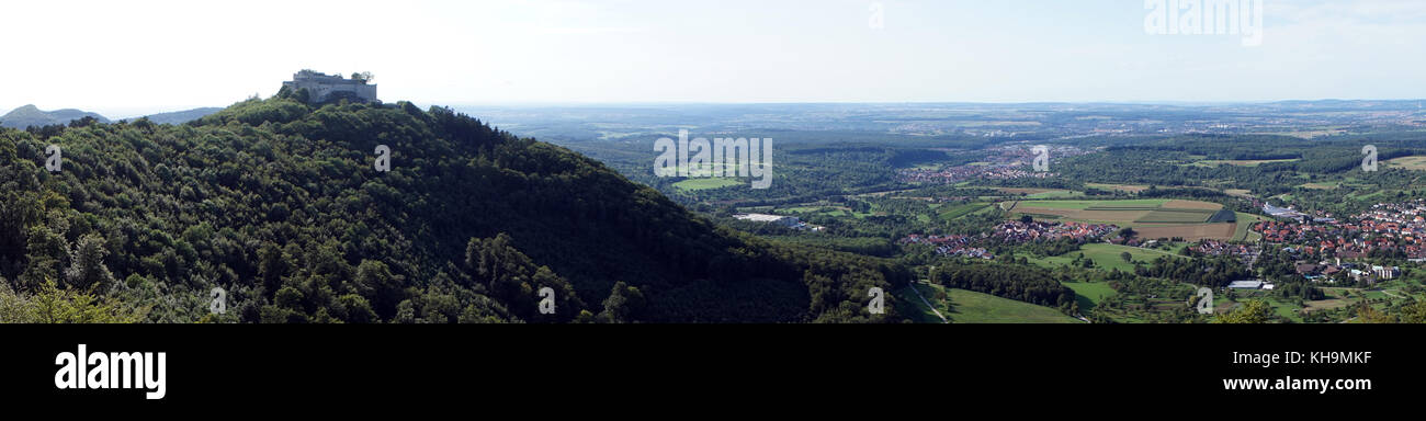 Hohenneuffen castle on the top of hill and Neuffen town in valley ...
