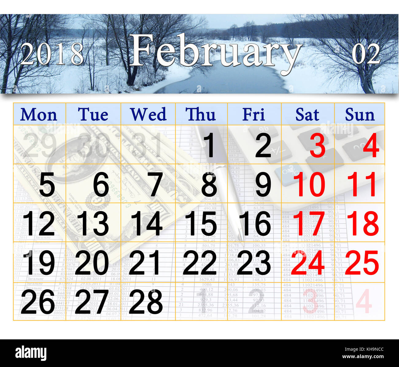 calendar for February 2018 with winter river. Calendar for printing and ...