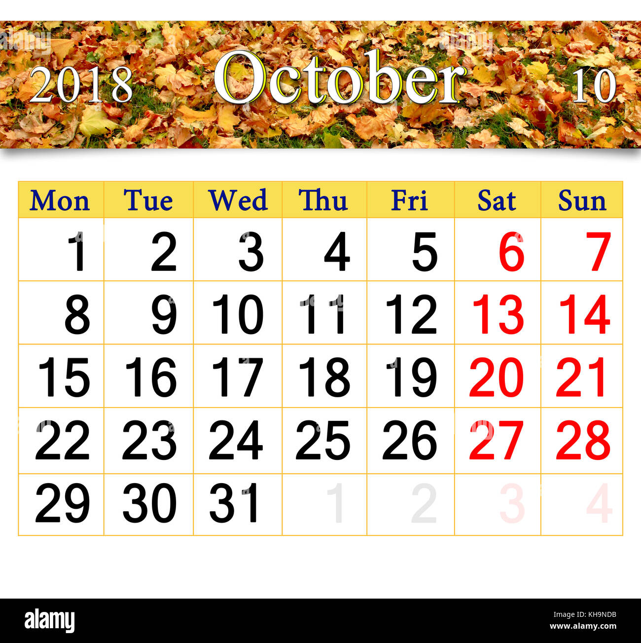 calendar for October 2018 with yellow autumnal leaves Stock Photo - Alamy