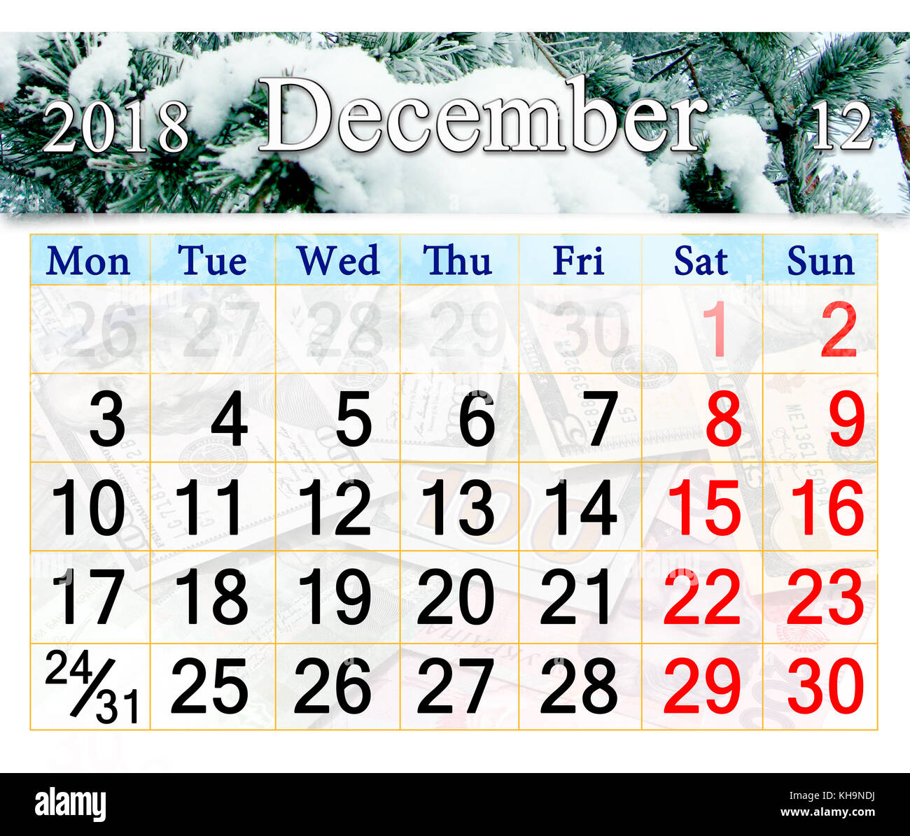 calendar for December 2018 with snowy pine branches in the forest Stock ...