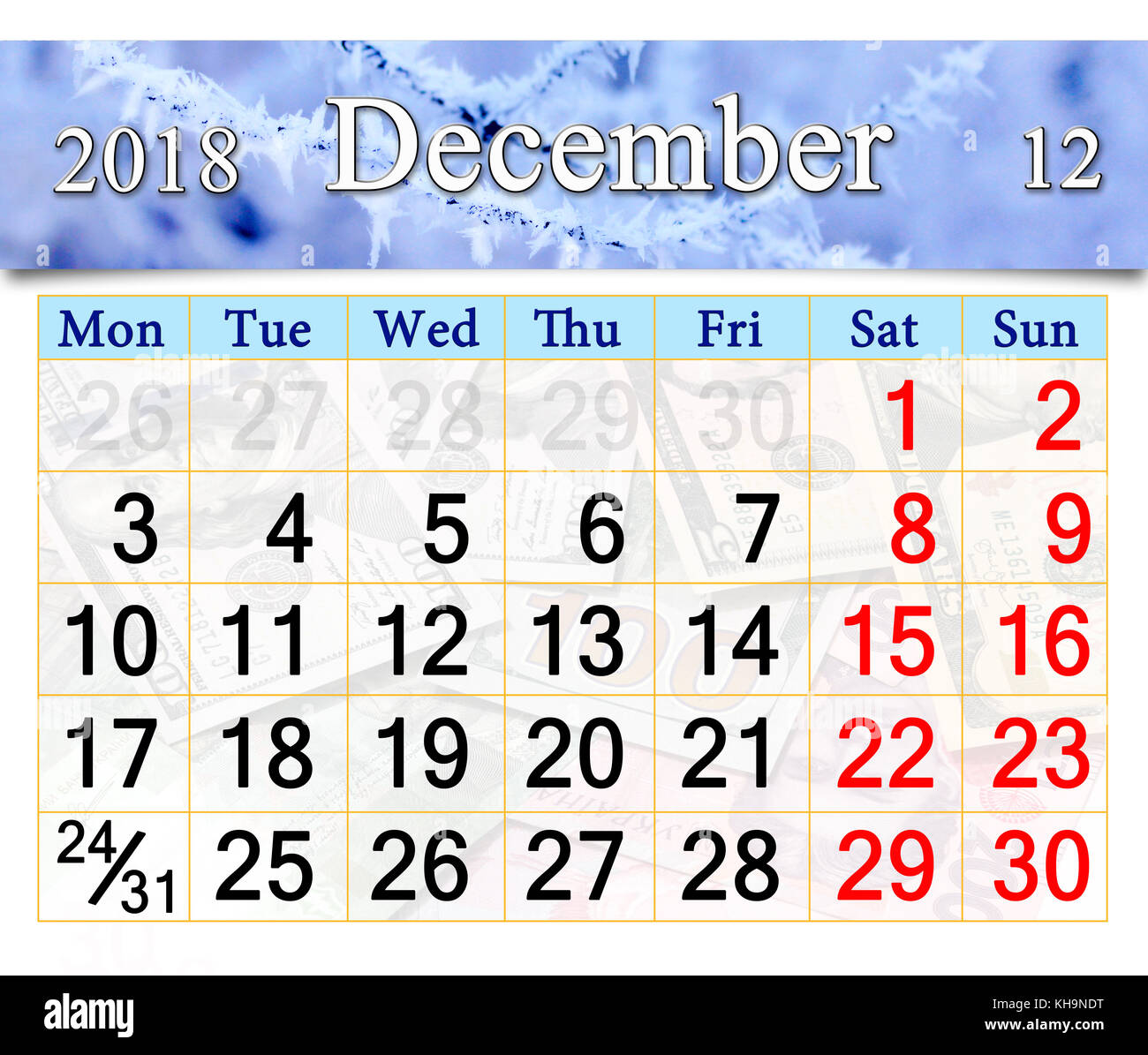 calendar for December 2018 with picture of white branch covered by hoar ...