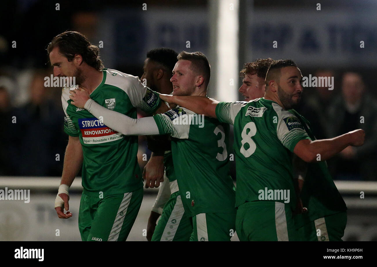 Leatherhead's Jack Midson celebrates with teammates after scoring his ...