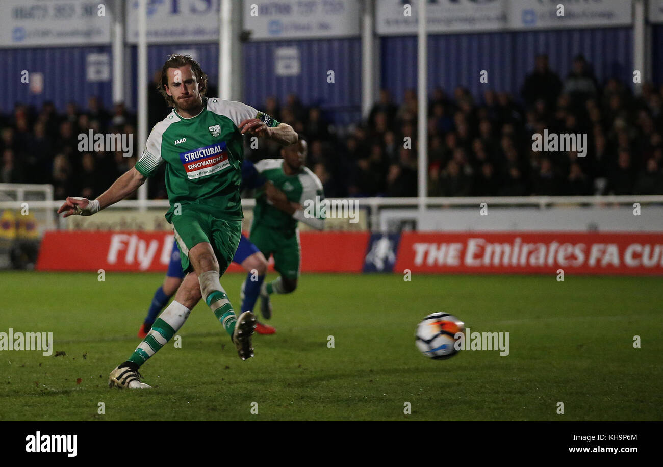 Leatherhead's Jack Midson scores his sides second goal from the penalty ...
