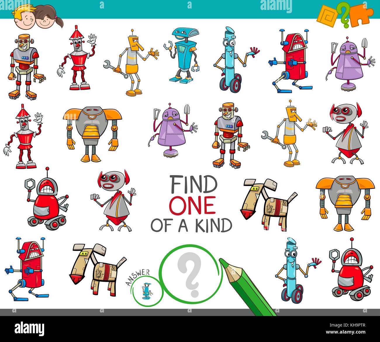 Cartoon Illustration of Find One of a Kind Educational Activity Game ...