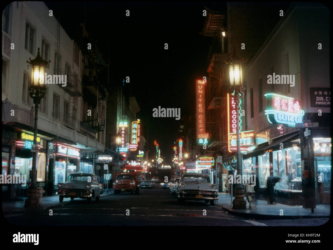Street Scene at Night, San Francisco, California, USA, 1957 Stock Photo ...