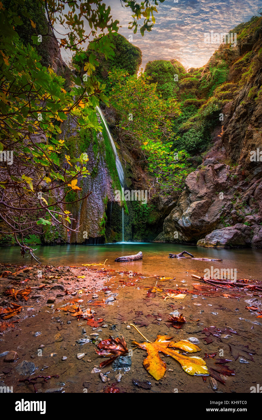 Waterfall in the gorge of Richtis at autumn, Crete, Greece Stock Photo ...
