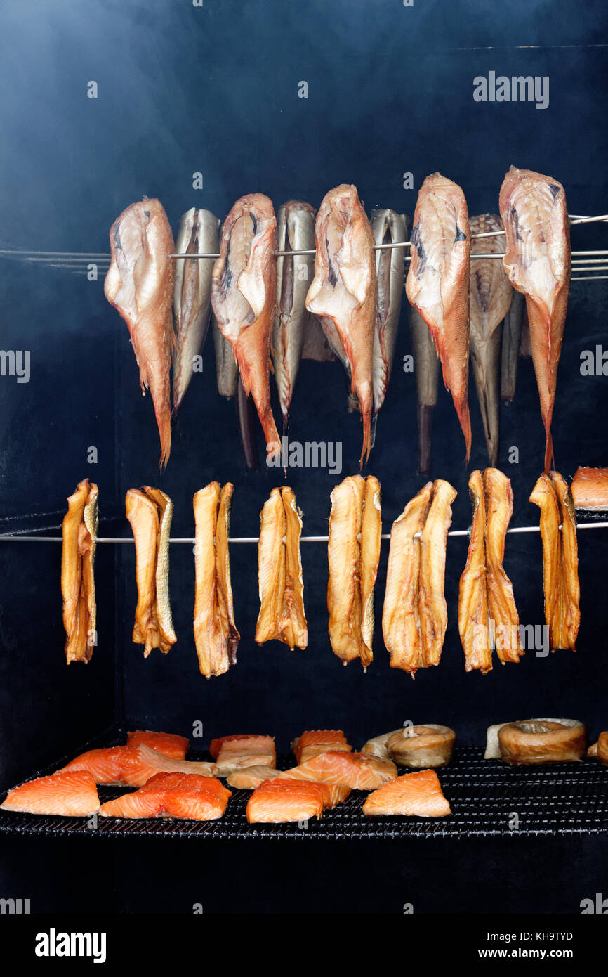 Smoked fish hanging in a smokehouse Stock Photo - Alamy