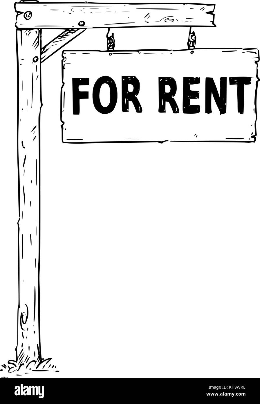 Vector drawing of hanging wooden sign board with business text for rent ...