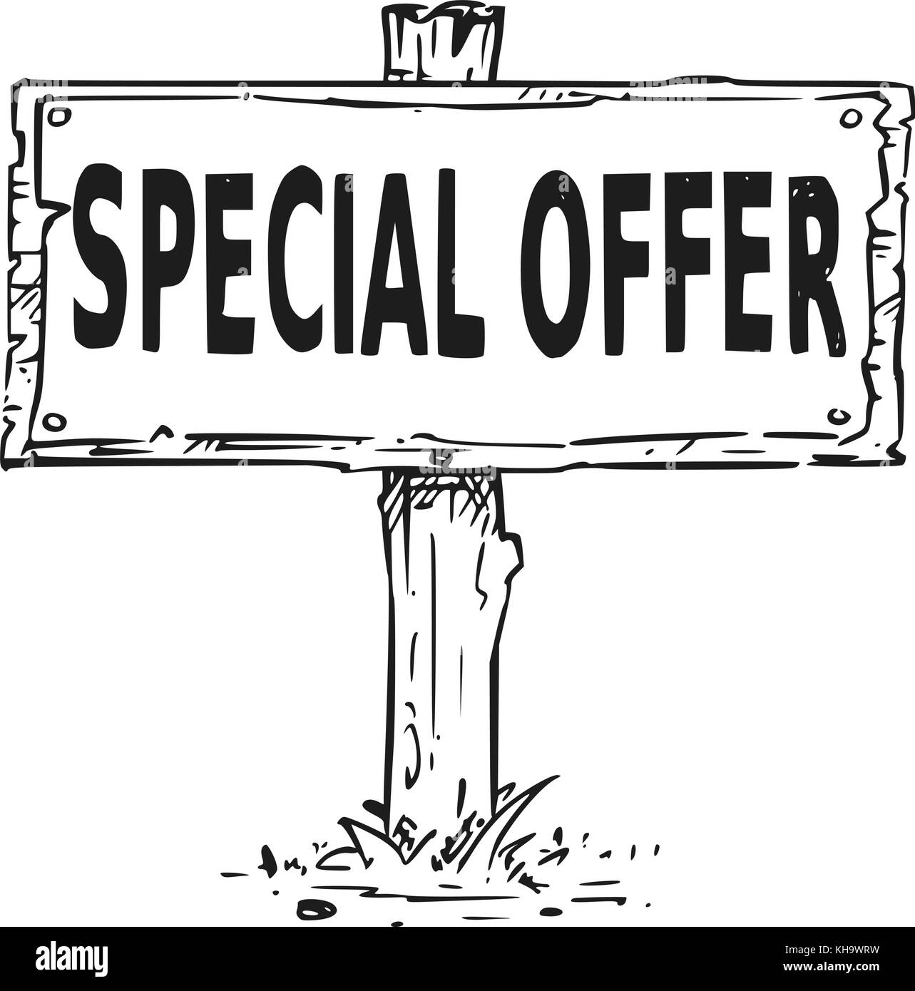 Vector drawing of wooden sign board with business text special offer ...