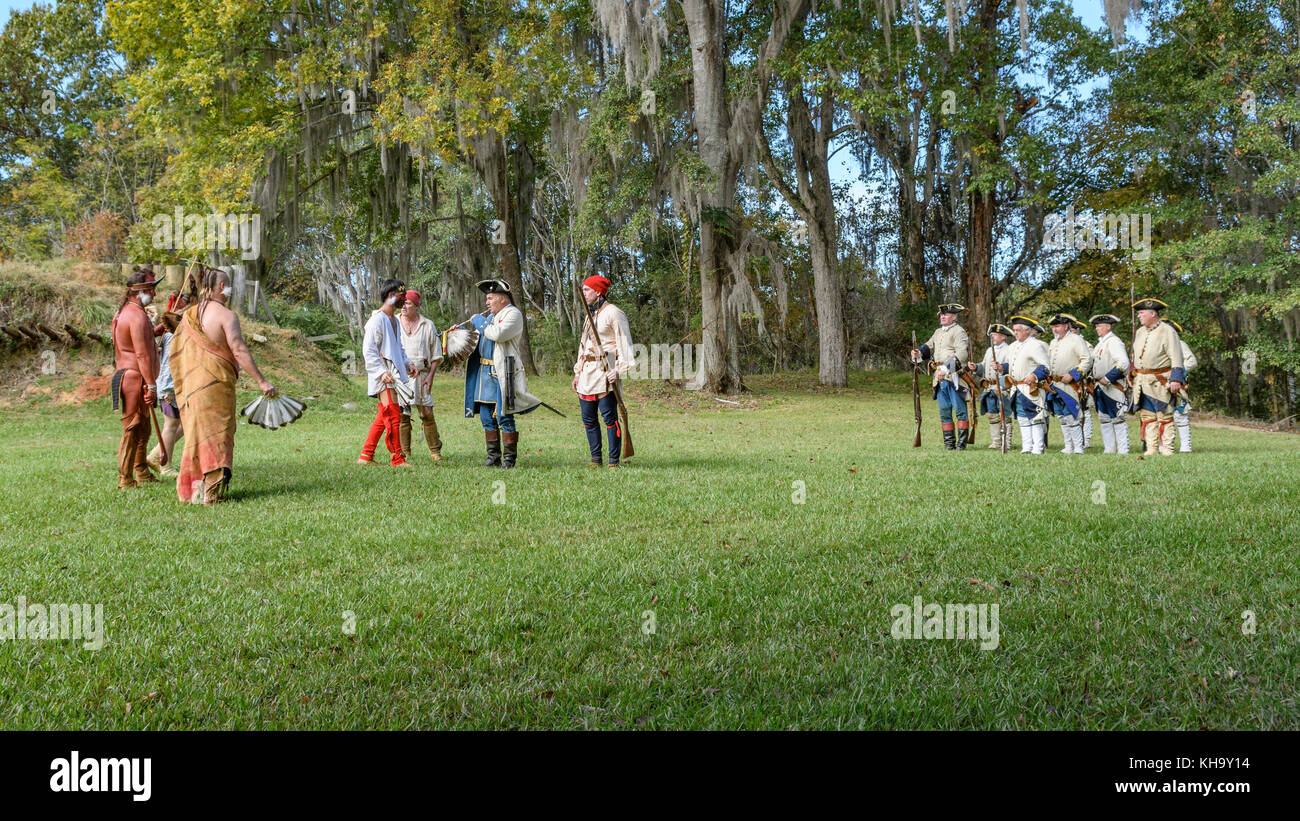 Reenactment of 1700's French soldiers arriving to establish Fort ...