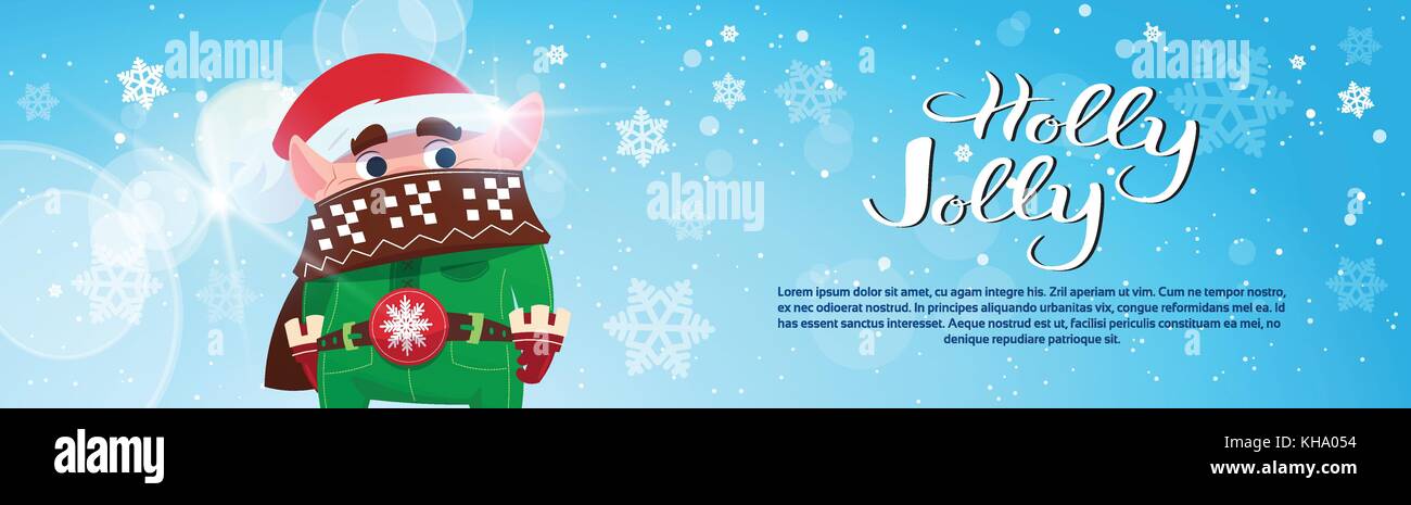 Holly Jolly Poster Merry Christmas Banner Green Elf On Winter Holiday ...