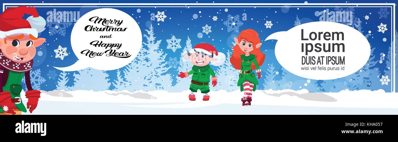 Merry Christmas Horizontal Banner Cute Elf Characters Holiday Poster ...