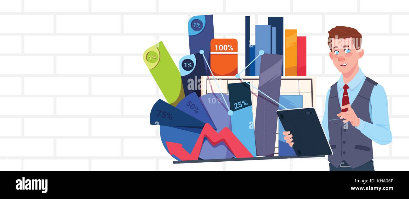 Businessman Holding Presentation Stand Over Abstract Charts And Graph ...