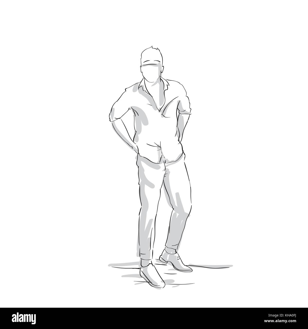 Silhouette Business Man Holding Hands In Pockets Full Length Sketch Of ...