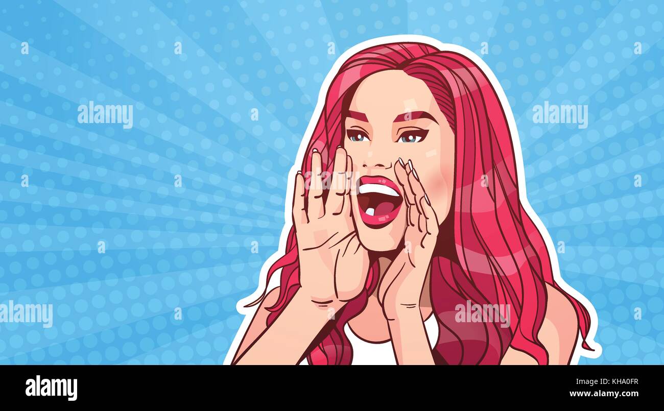 Beautiful Woman Screaming Advertisement Announcement Concept Over Pop ...