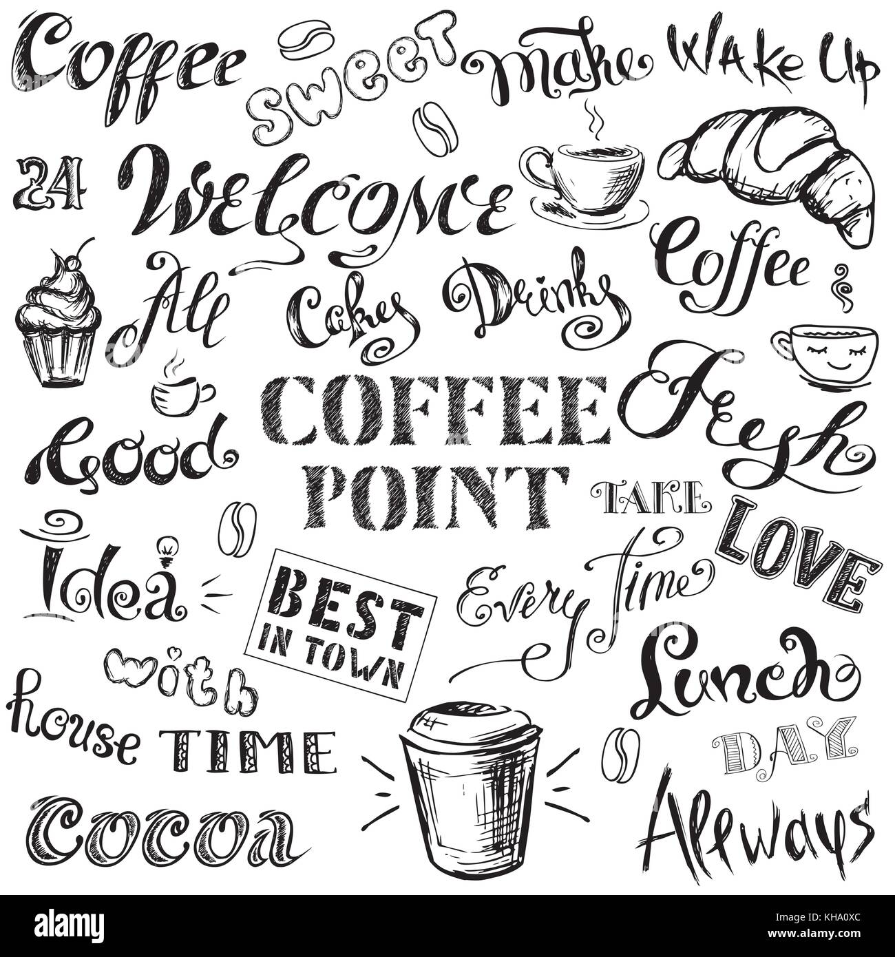 Collection - Coffee lettering and elements,hand drawn on white ...