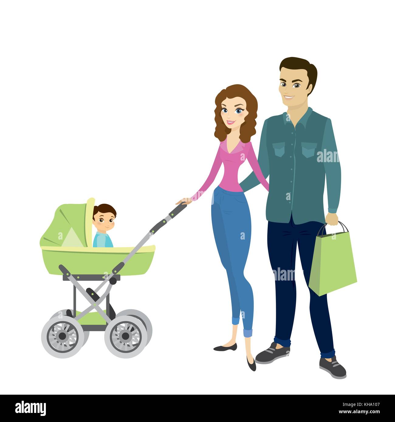 Family couple and a child in a pram,cartoon vector illustration ...