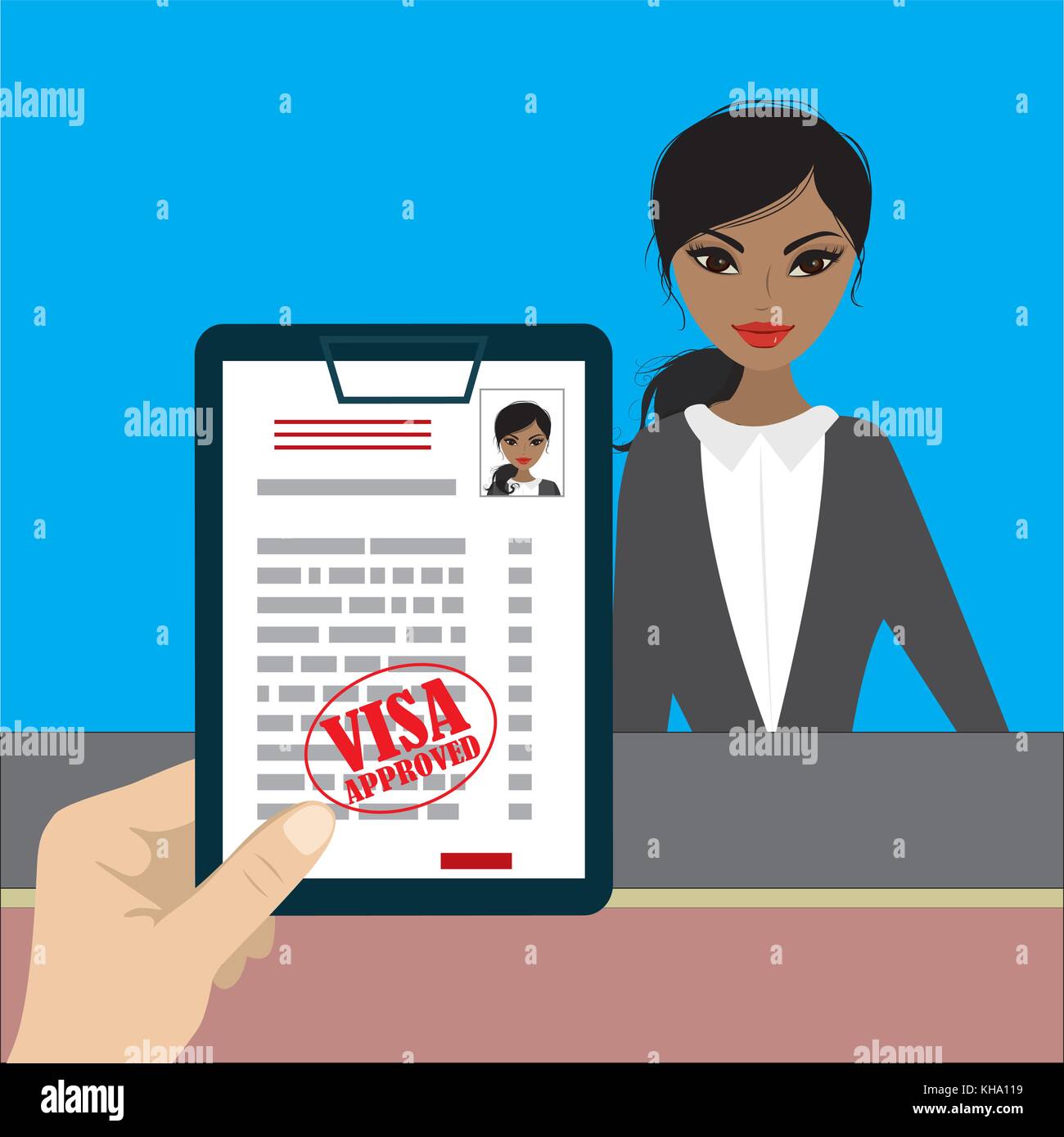 Paper blank - visa approved in hand and beauty woman. Vector ...