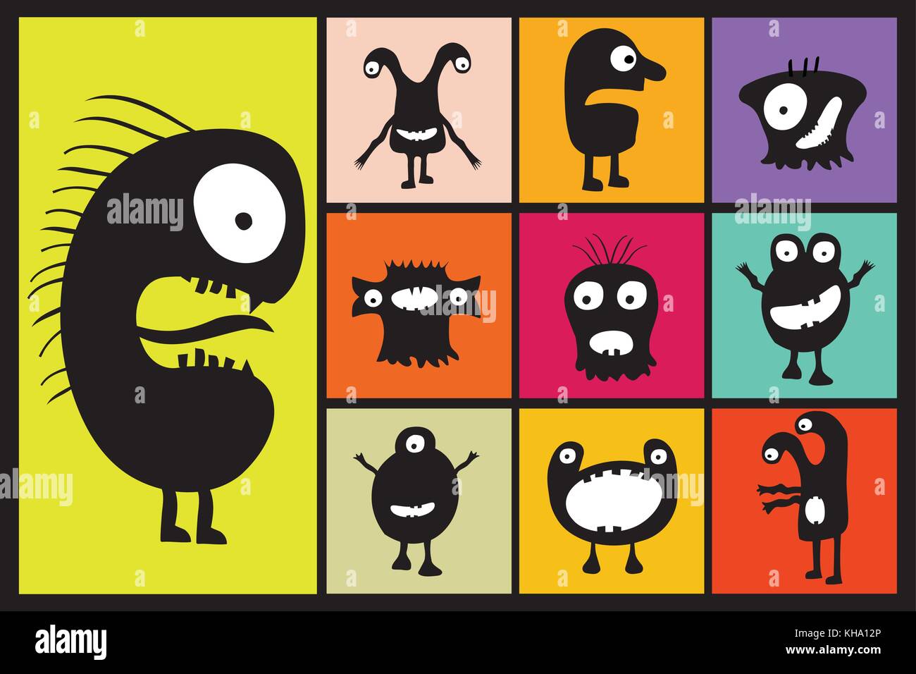 Set - black monsters with emotions on different color backgrounds ...