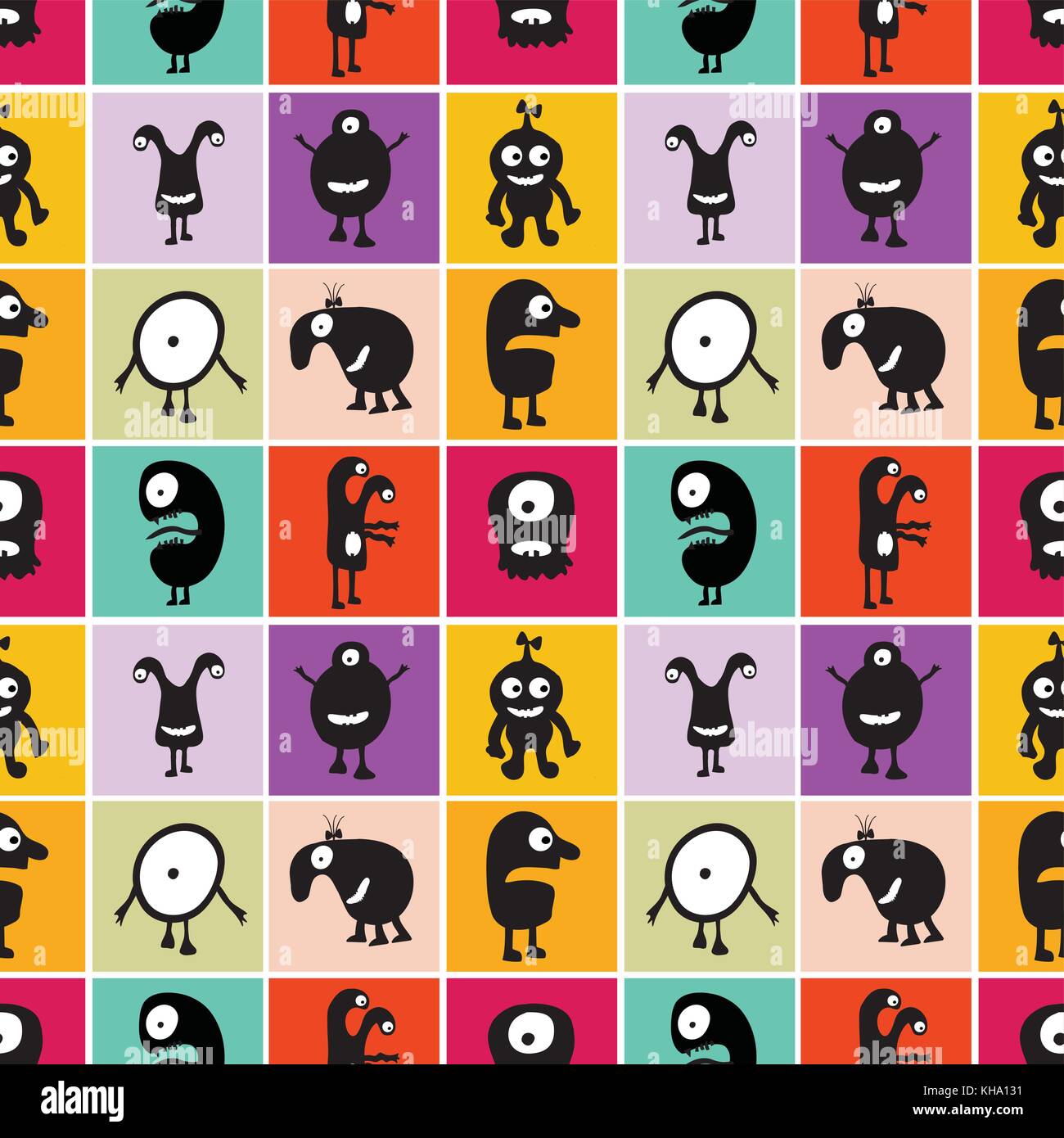 Seamless pattern black monsters with emotions on different color ...