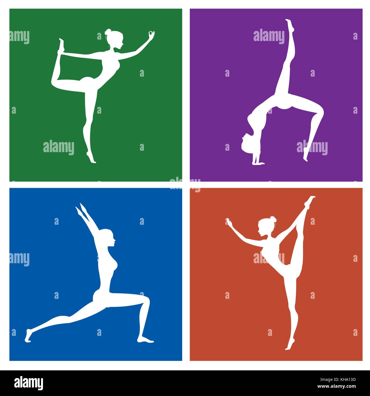 Fitness or yoga pose silhouette set on different color backgrounds ...