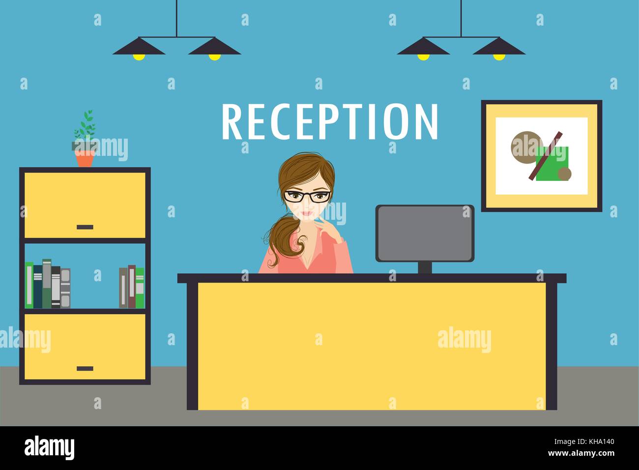 Young woman receptionist stands at reception desk. Vector illustration ...