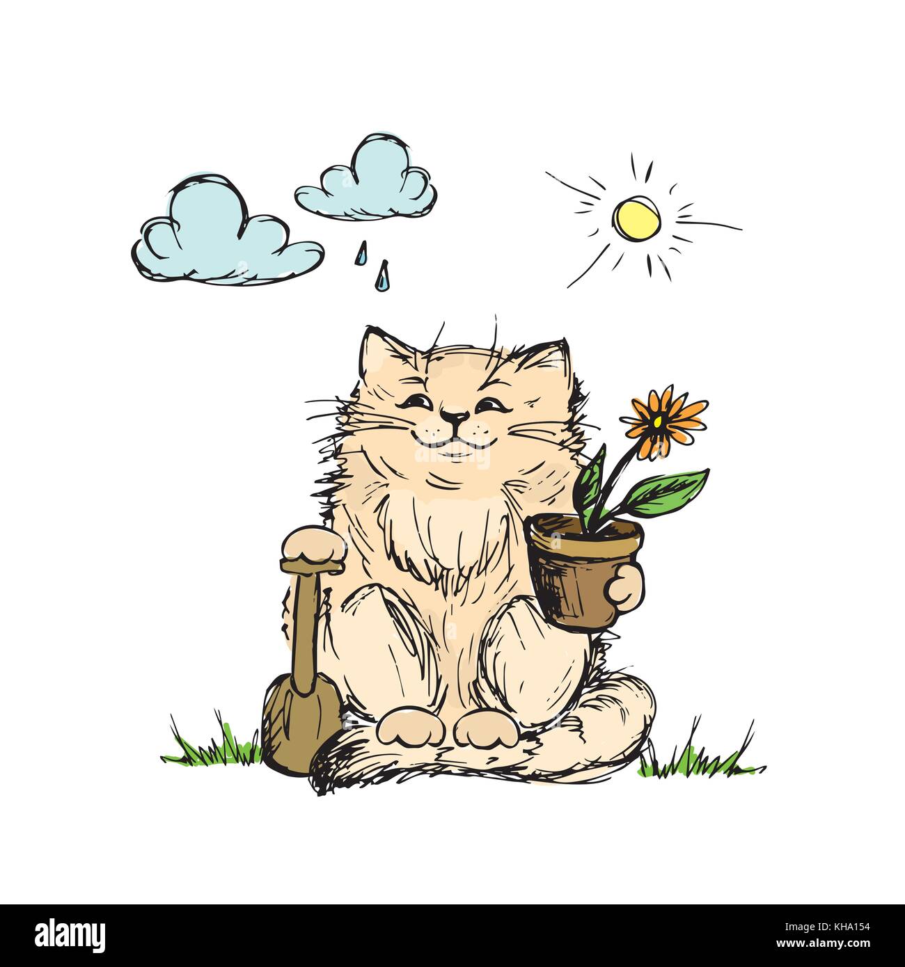Cat with flower and shovel,hand drawn Stock Vector Image & Art - Alamy