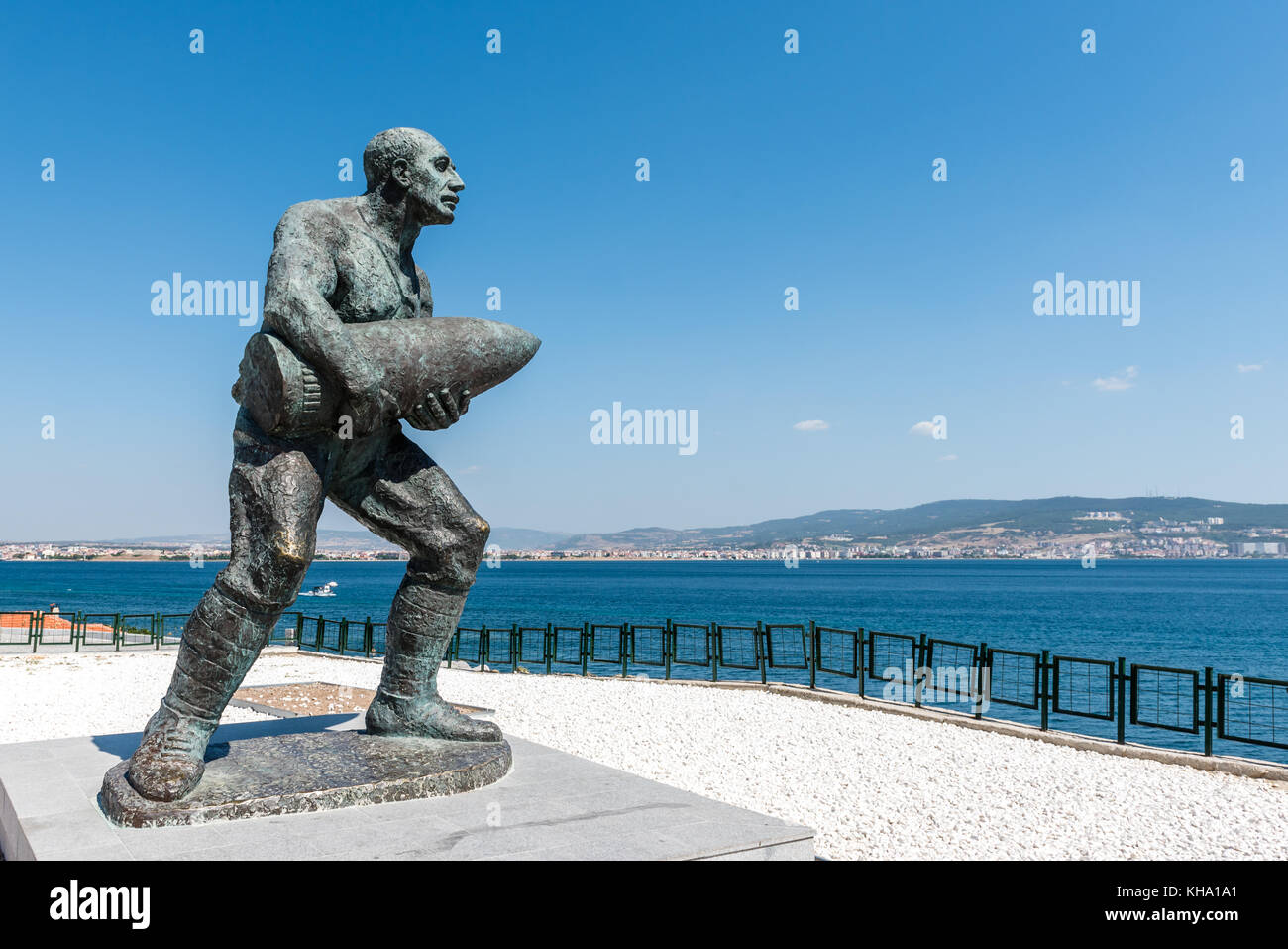 Statue of famous Turkish Corporal, Seyit Cabuk (Seyit Onbasi) carrying ...