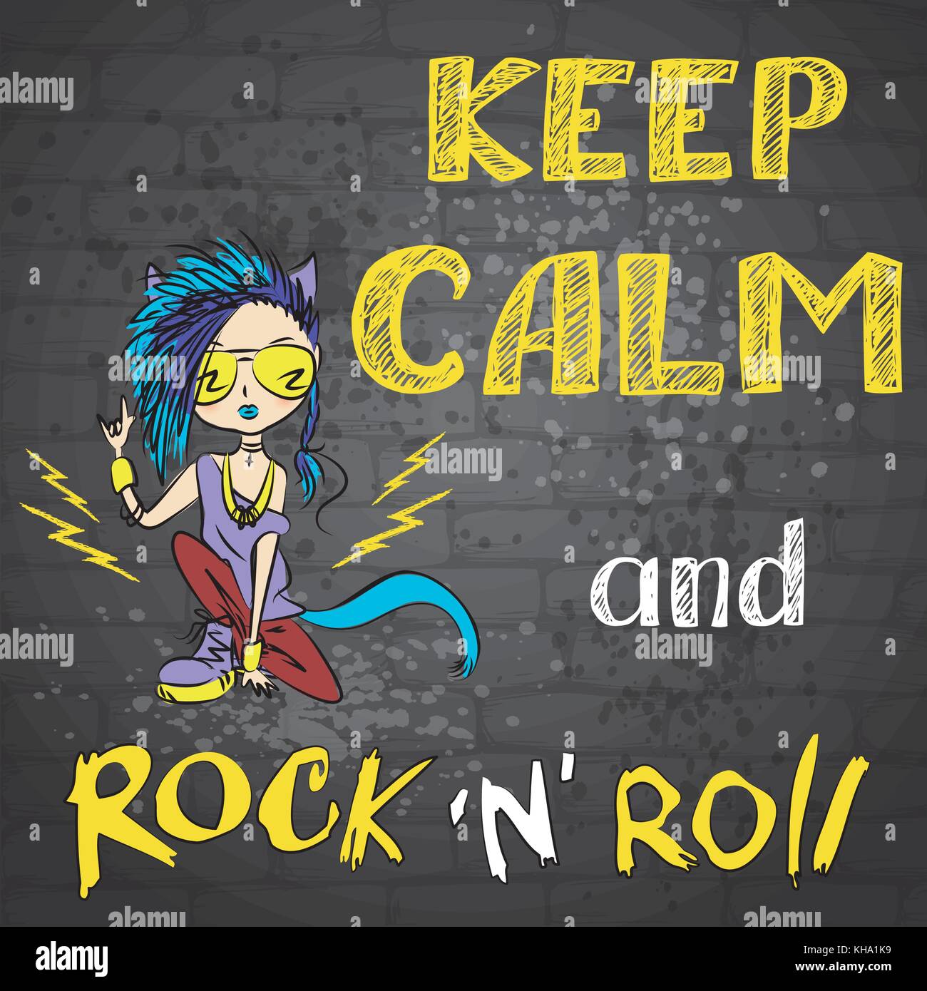 keep calm and rock and roll , hand drawn, vector background Stock ...
