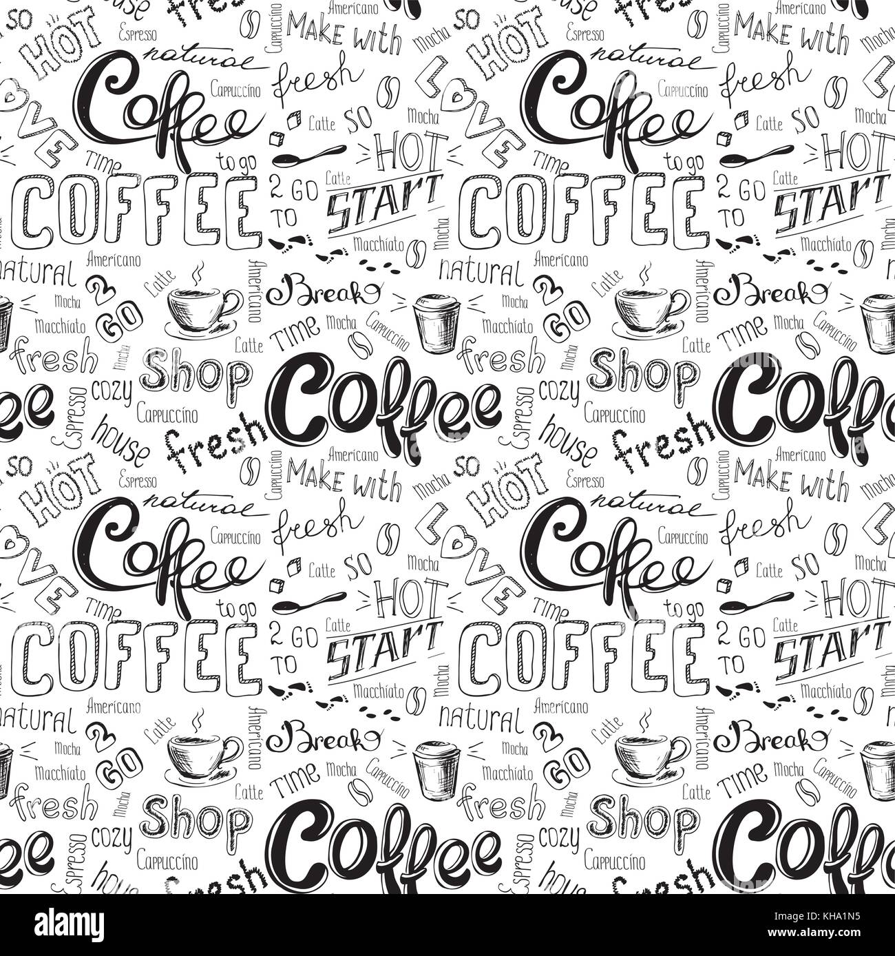 seamless doodle coffee pattern on white background ,hand drawn vector ...