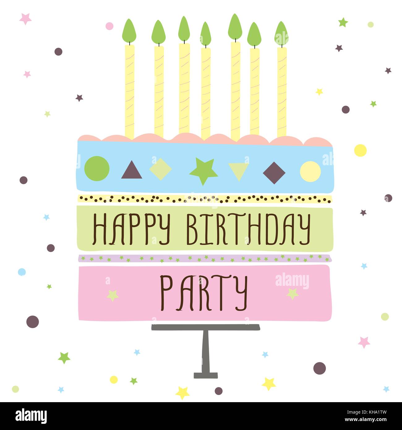 cute happy birthday party card with cake and candles. vector ...