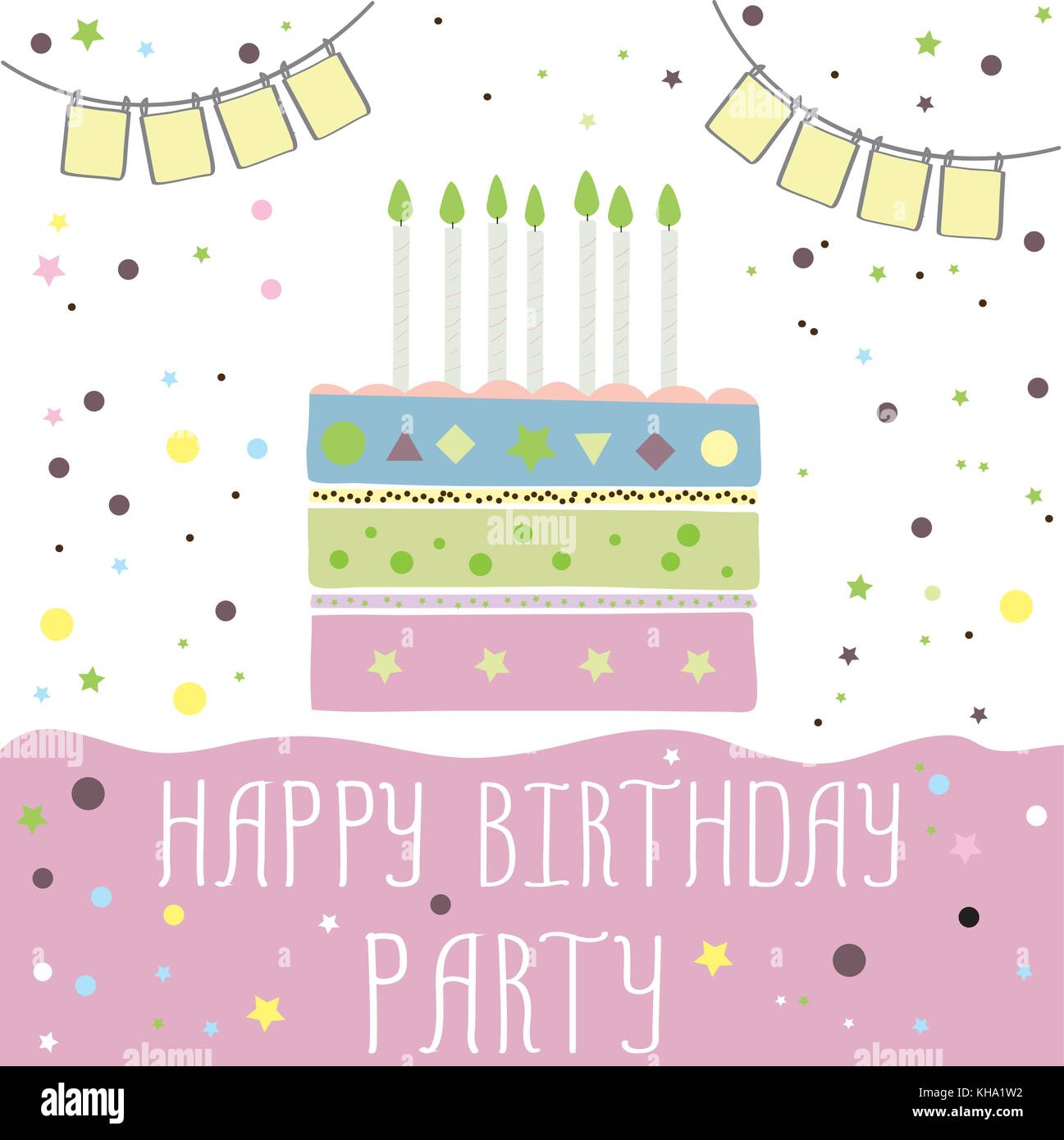 Happy birthday party ,cute card with cake and candles. Vector ...