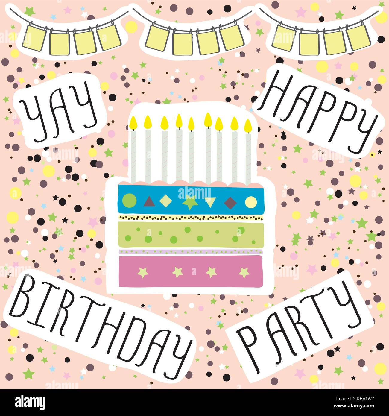 Happy birthday party ,cute card with cake and candles. Vector ...