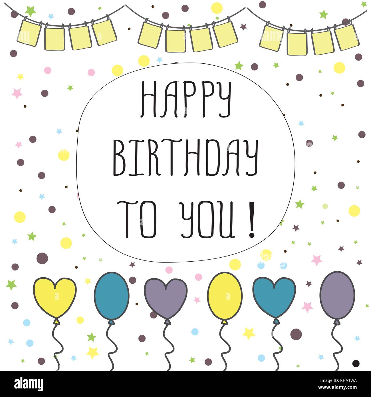 cute happy birthday party card with cake and candles. vector ...