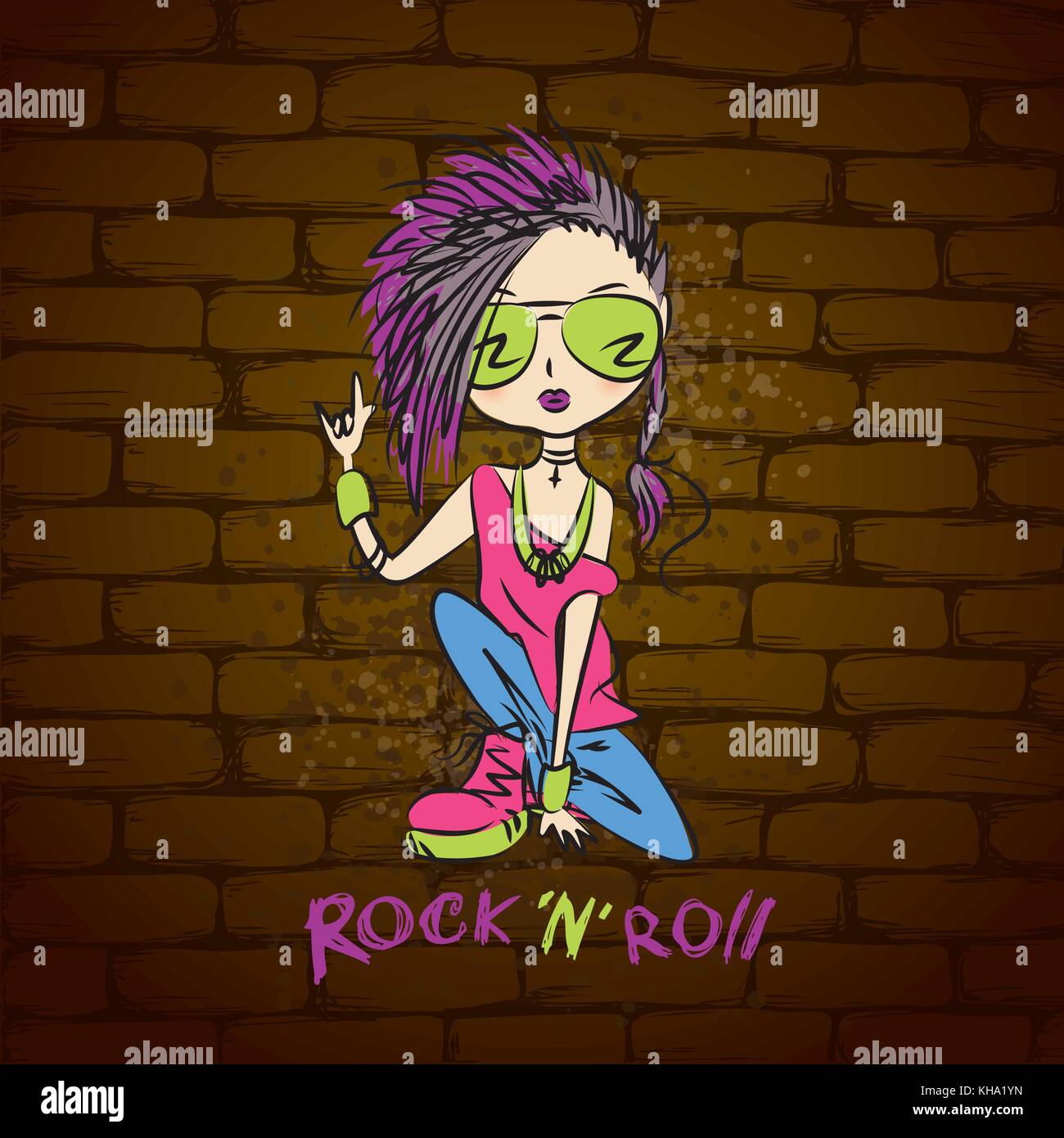 stylish rock girl , brick wall on background, vector illustration Stock ...