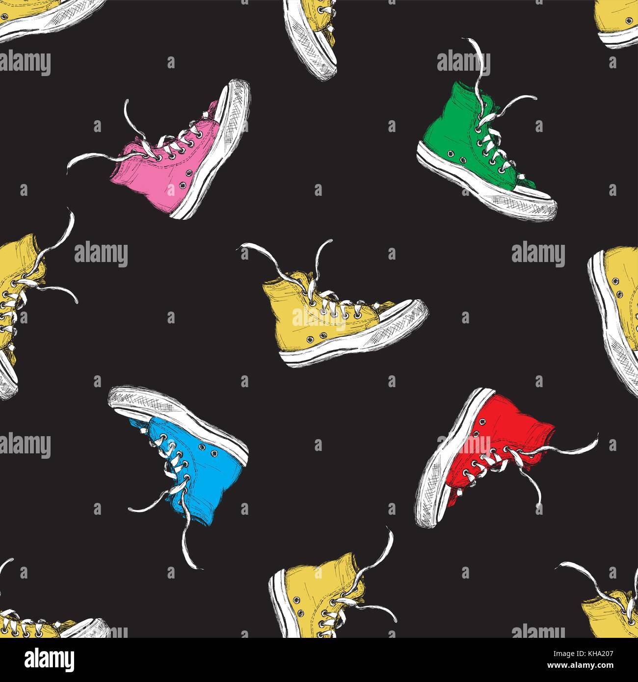 Seamless pattern with color vintage sneakers, vector on black ...