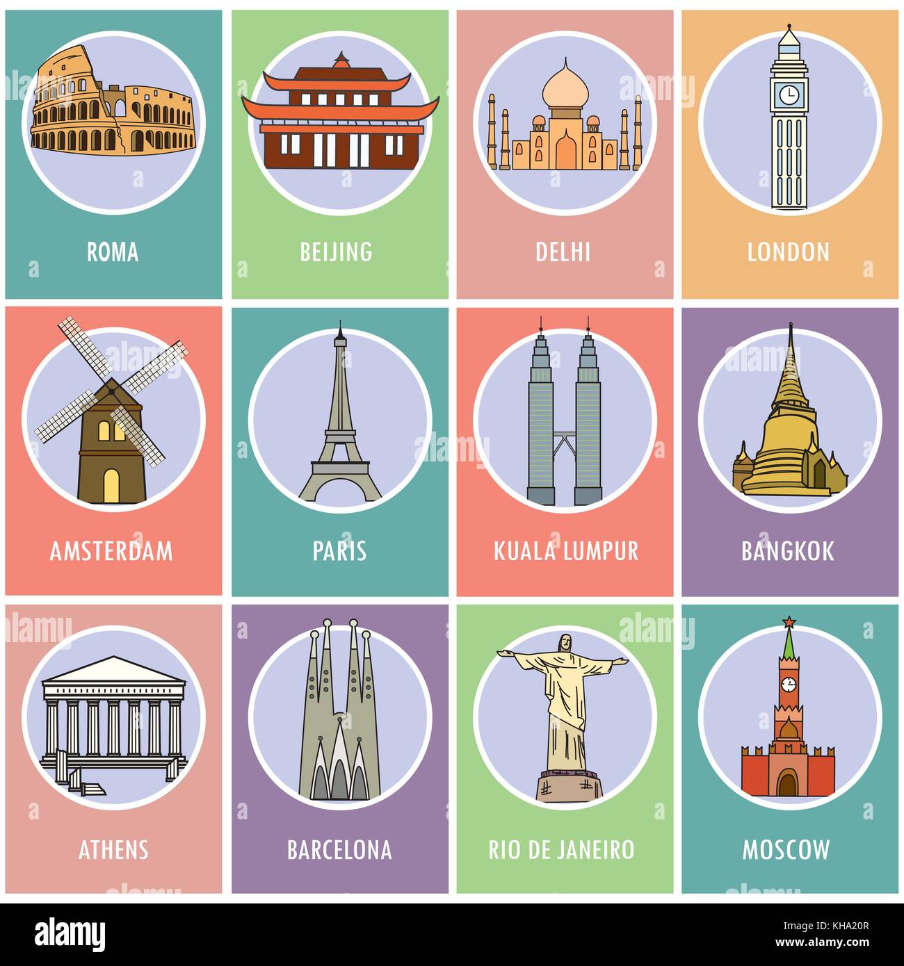 Set icons or cards.- Famous attractions of the world. Flat design ...