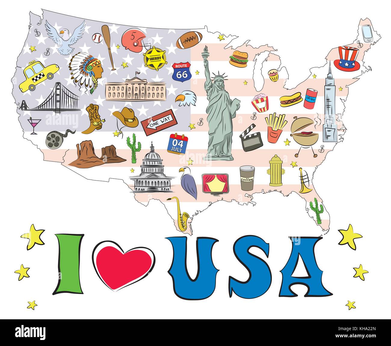 Symbols and icons located on US map, vector illustration Stock Vector ...