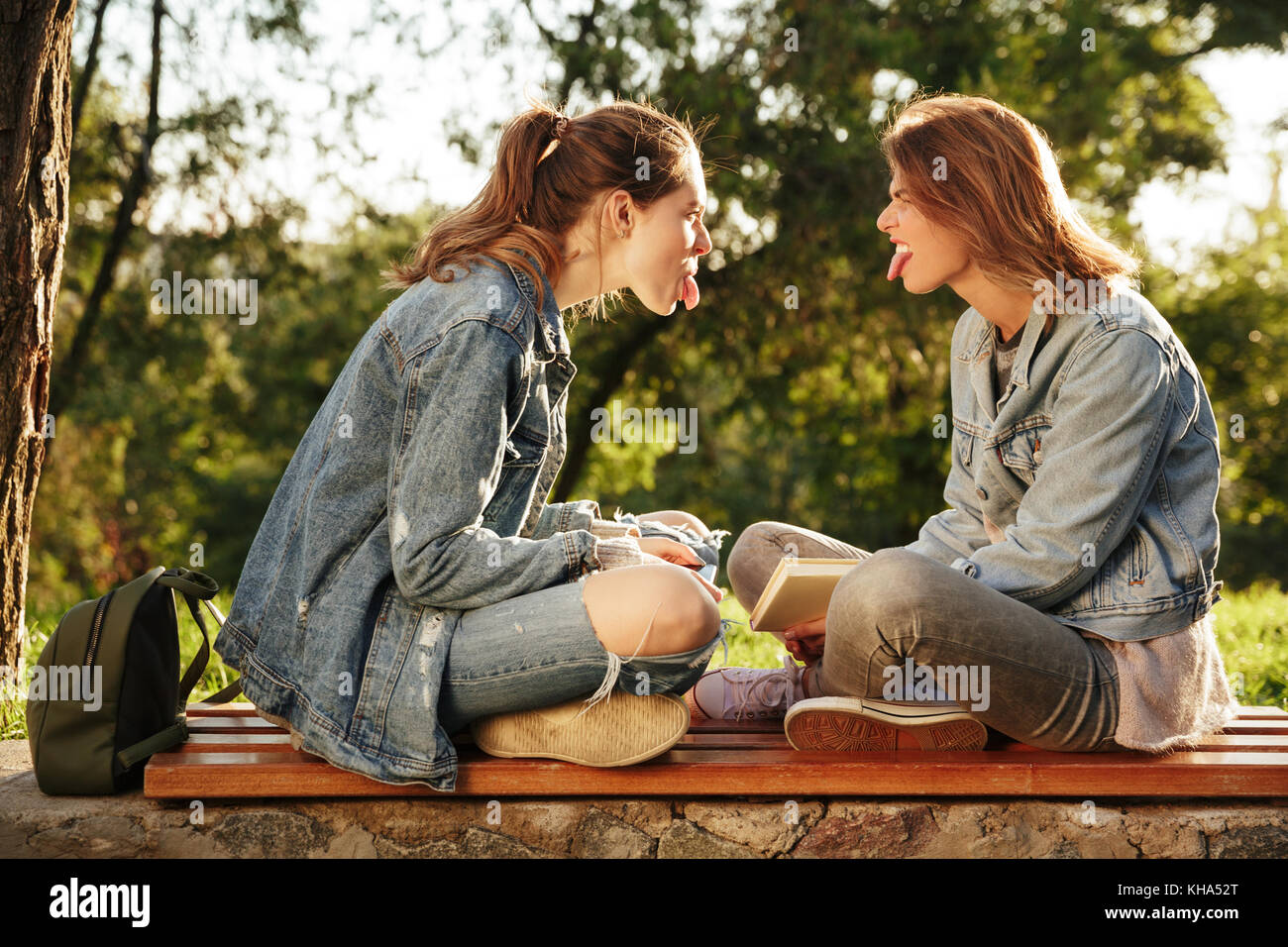 Two funny brunette girls sitting on wooden bench, showing tongue to ...