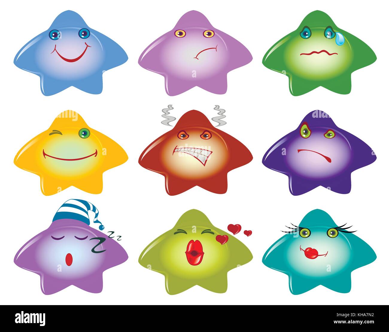 Set of funny smileys in the form stars on white background. Emotions ...
