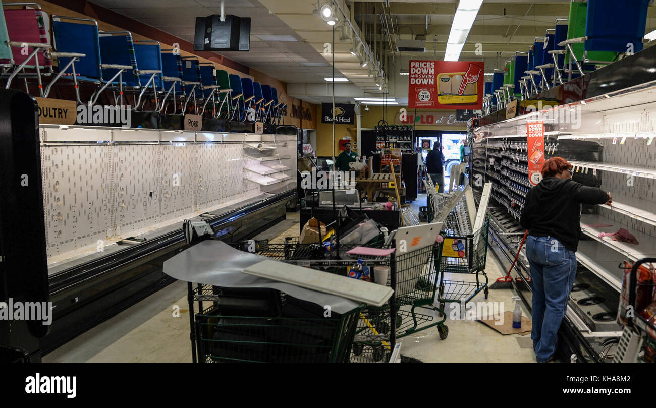 Volunteers clean the empty meat cases in the BI-LO after Hurricane ...