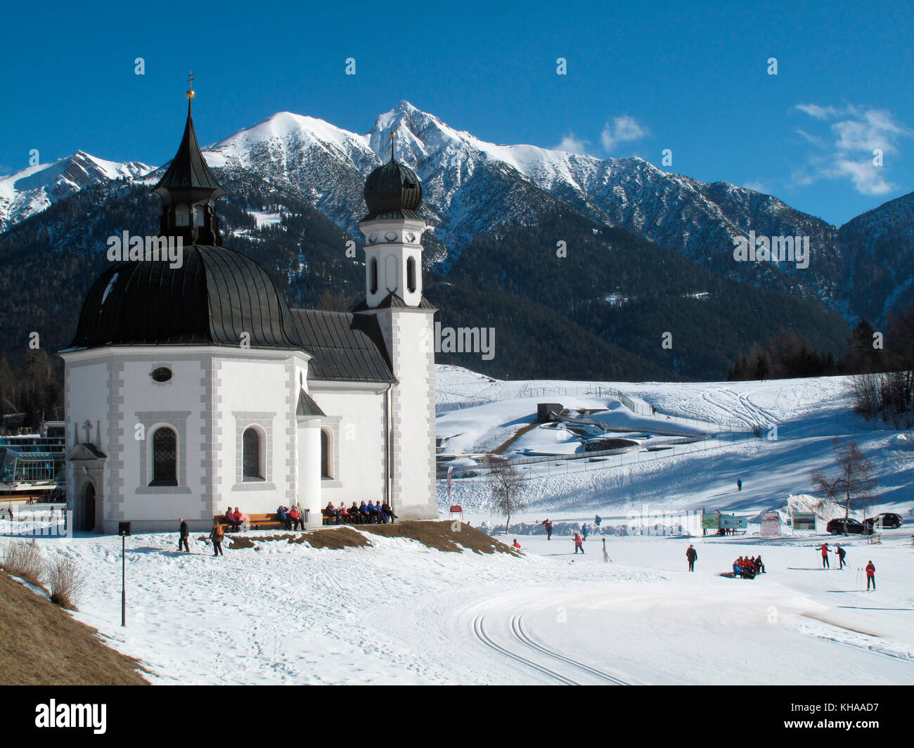 Austria, North Tirol, Seefeld, the Seekirchl chapel on the cross ...