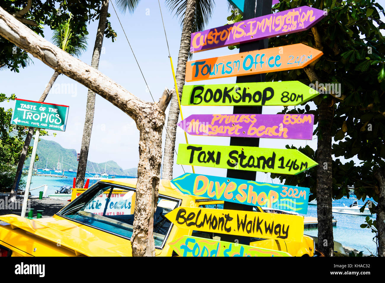 Road signs painted with flashy colors Port Elizabeth, Bequia, Saint ...