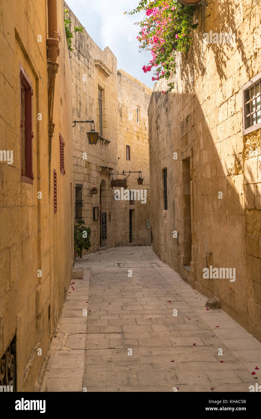 Narrow lane between old houses, Mdina, Malta Stock Photo - Alamy