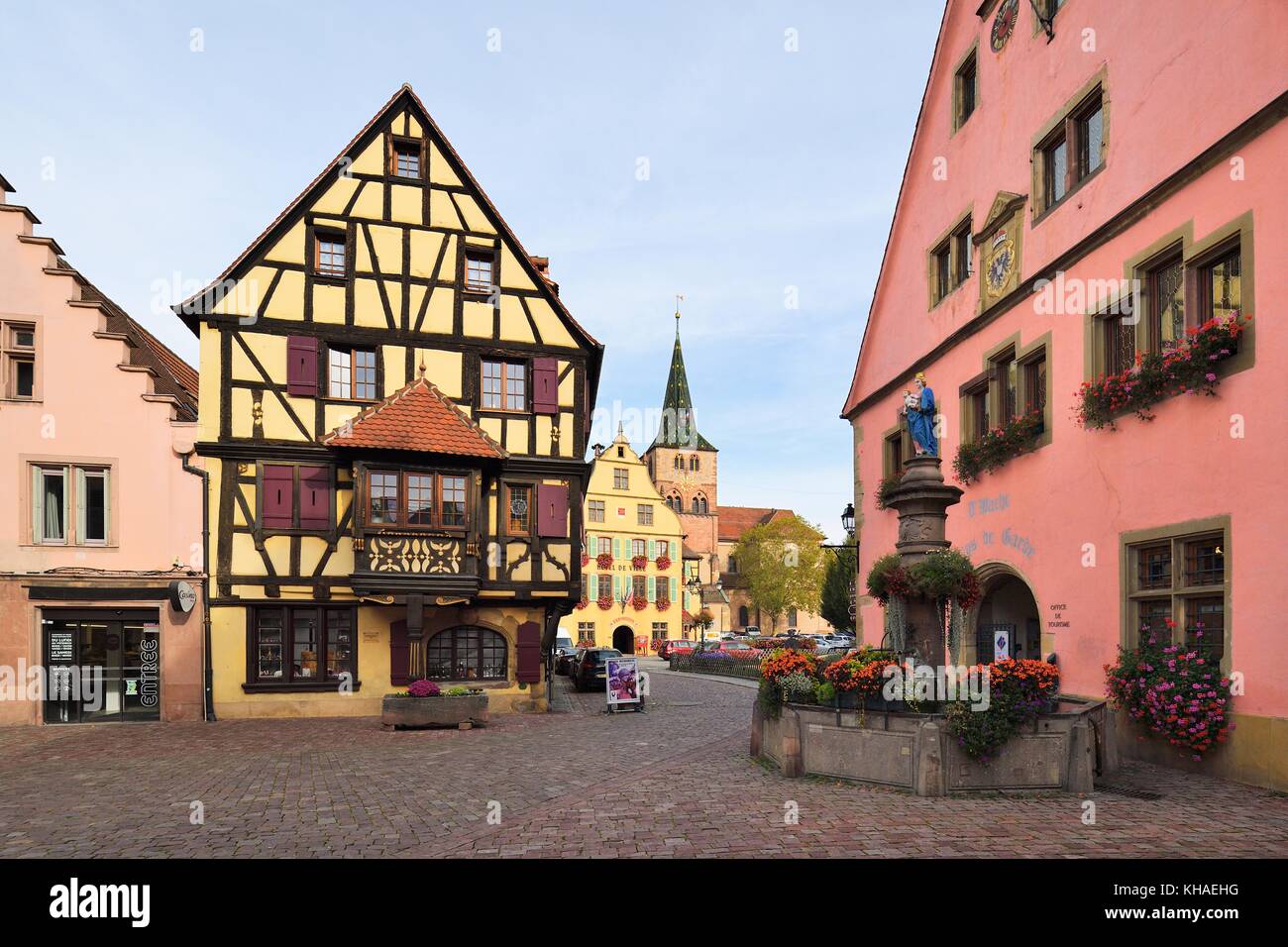Old town with fountain and church Church of St. Anna, Turckheim, Alsace ...