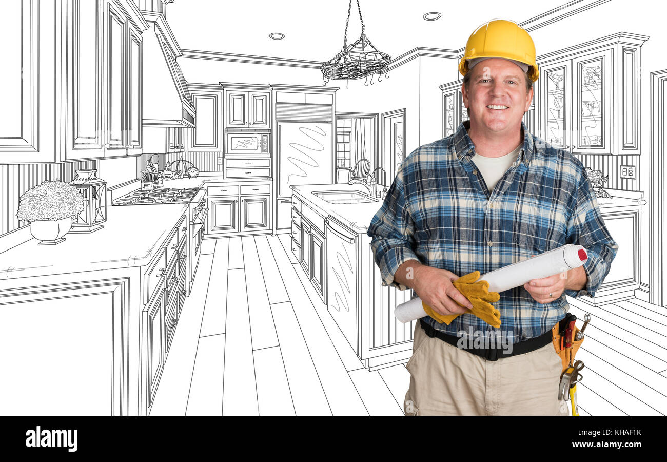 Male Contractor With House Plans Wearing Hard Hat In Front of Custom ...