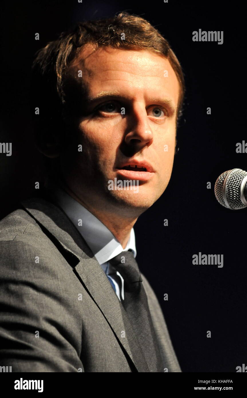 French Minister of Economy, Emmanuel Macron talks at JECO tribune, Lyon ...