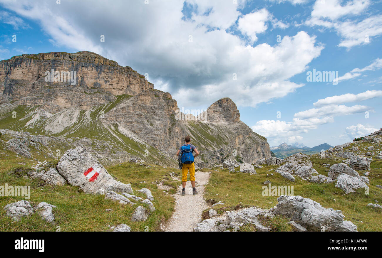 Hikers on the circular trail around the Sella Group, Gardena Pass ...