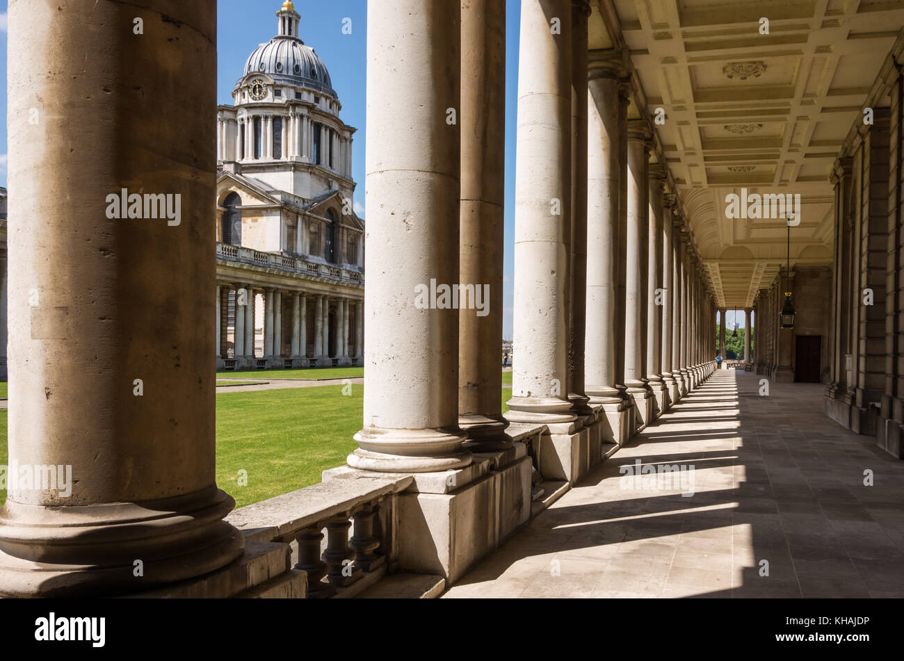 Colonnade along university courtyard, University of Greenwich, London ...