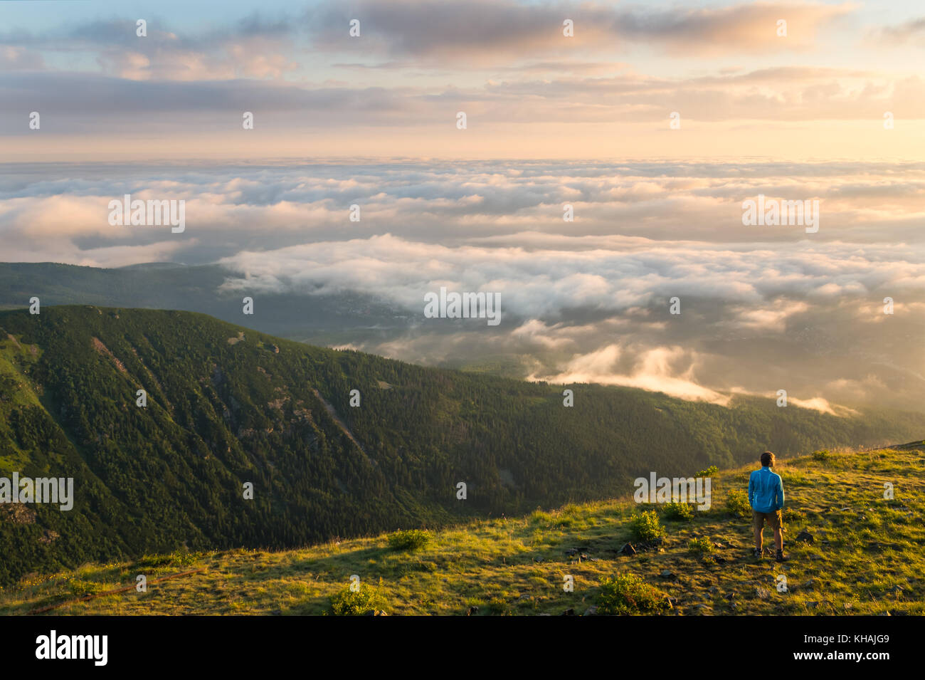 Sunrise cloud inversion seen from the summit of Mt. Sniezka, Karkonosze ...